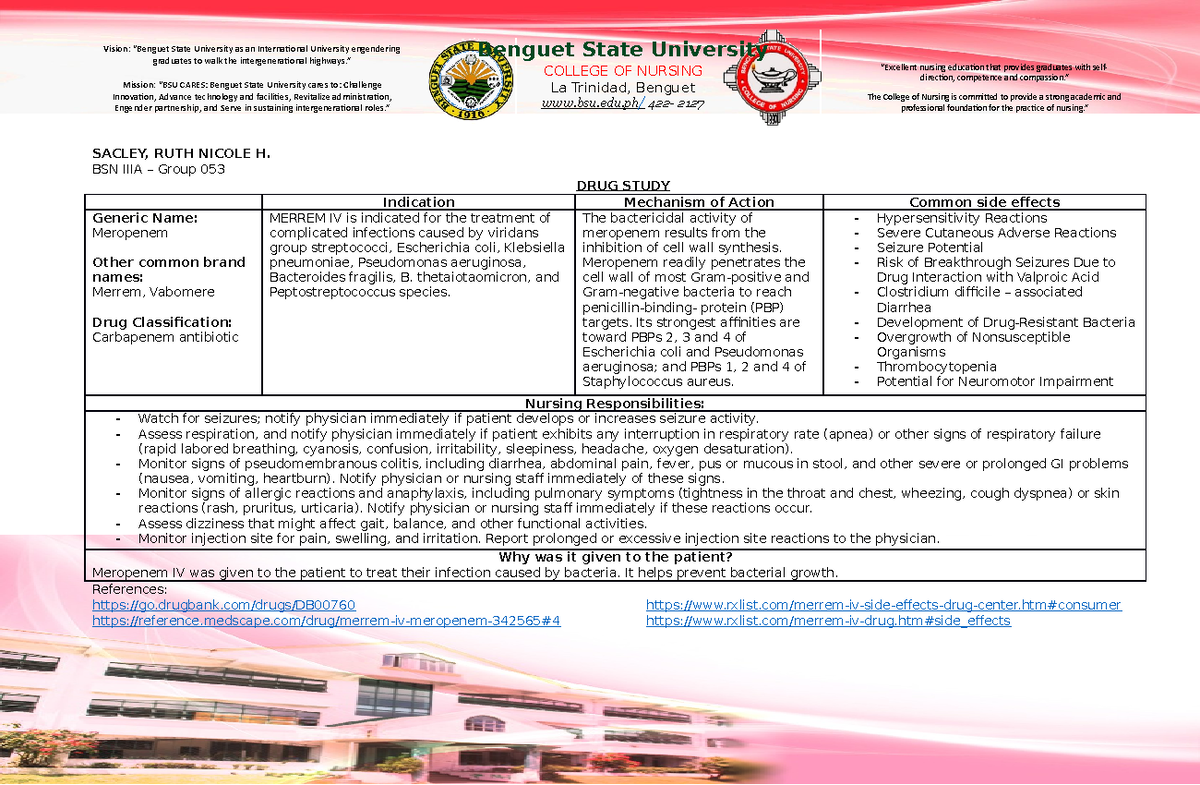 DRUG STUDY: Meropenem Overview for Nursing BSN IIIA Group 053 - Studocu