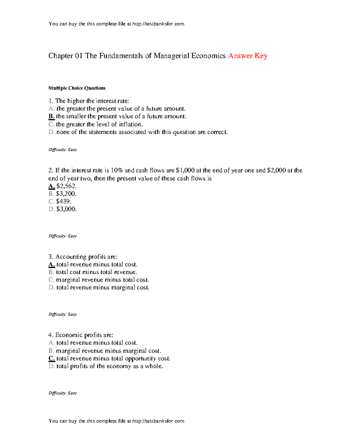 ECON Testbank Chapter 1: Managerial Economics Answer Key - Chapter 01 ...
