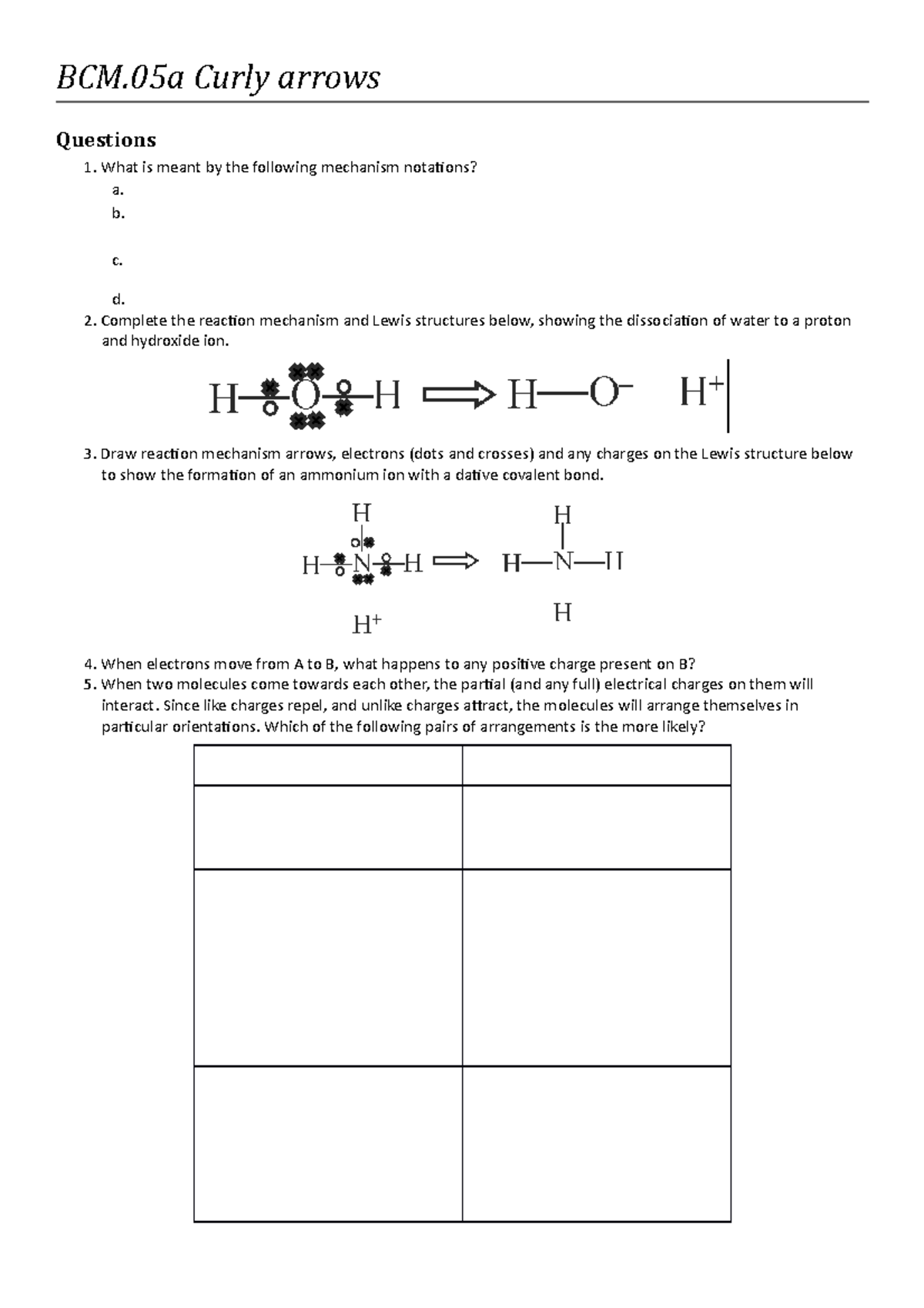 BCM.05a Worksheet: Understanding Curly Arrows in Reaction Mechanisms ...