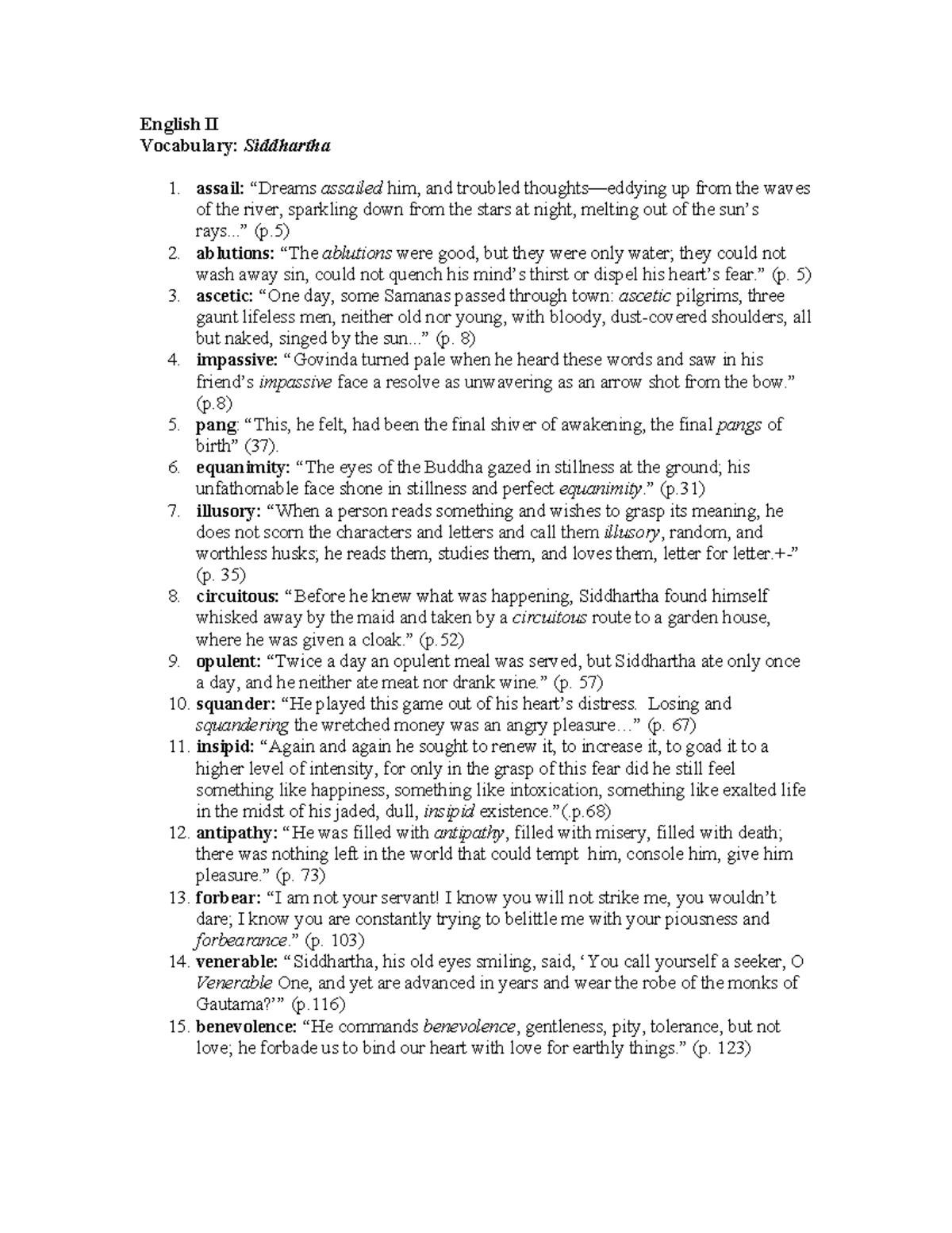 English II Vocabulary List: Siddhartha Key Terms and Definitions - Studocu