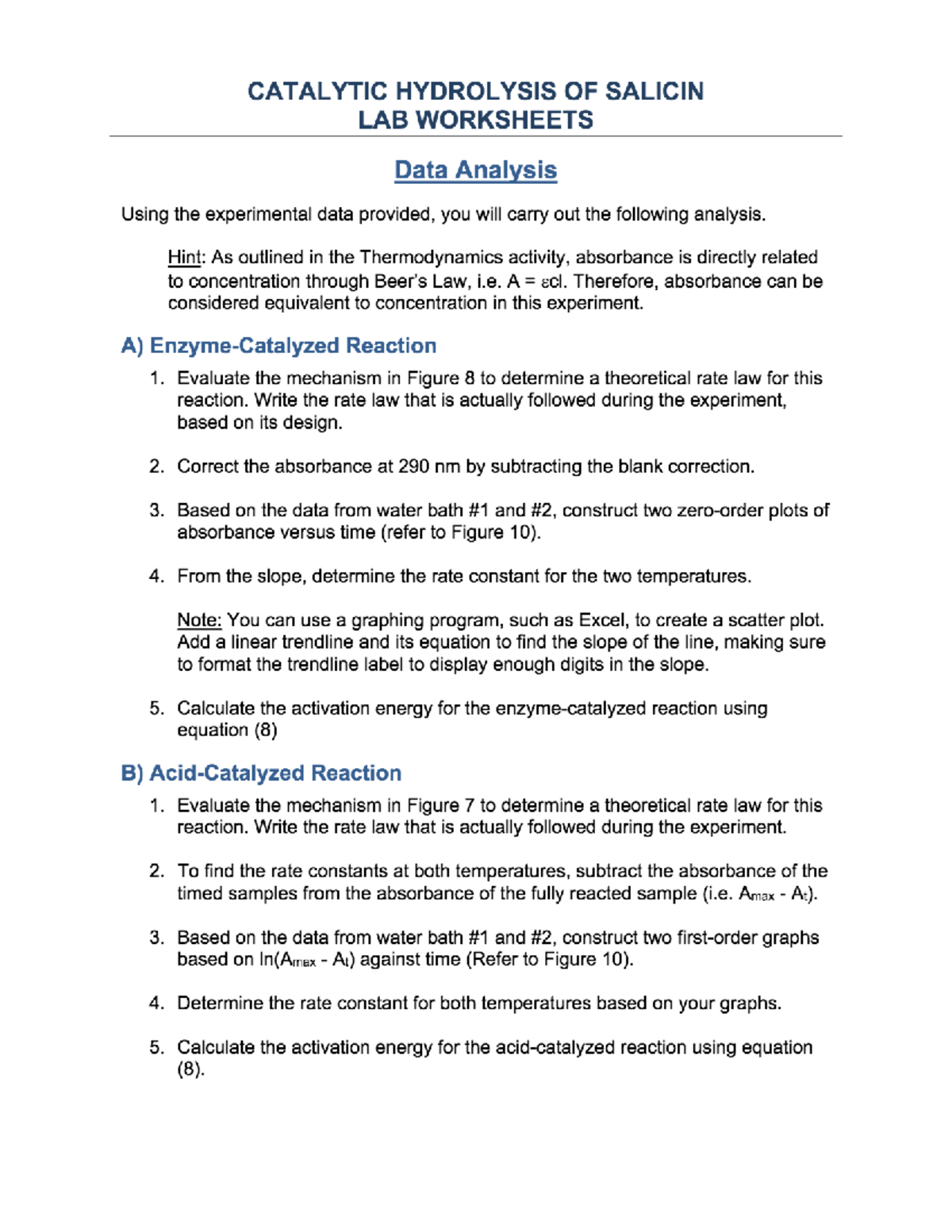 Catalytic Hydrolysis of Salicin Lab Worksheets - CHEM 1050 Analysis ...