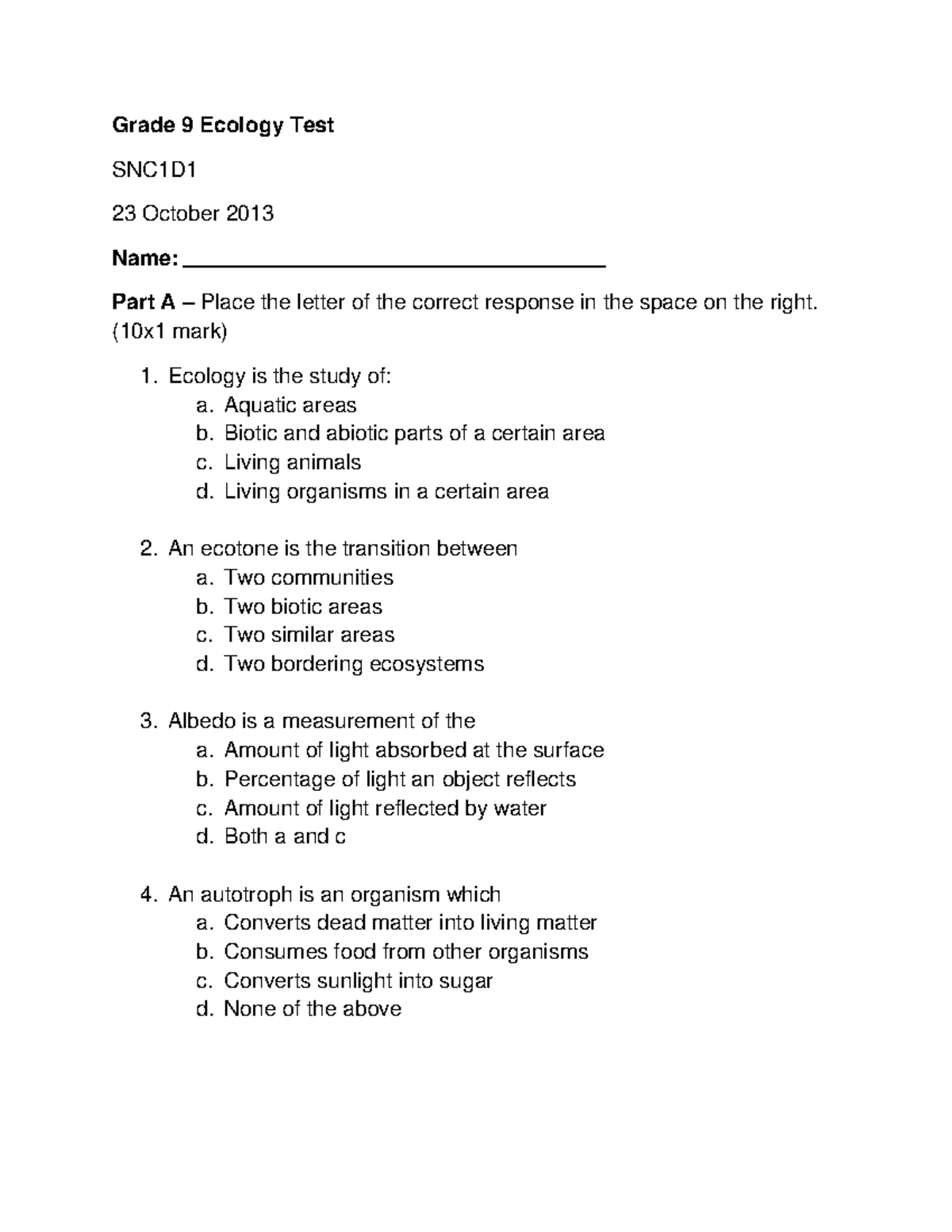 Grade 9 Ecology Test - SNC1D1 Exam Questions and Answers - Studocu