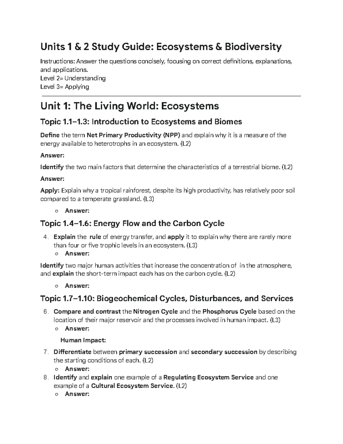 Units 1 & 2 Study Guide: Ecosystems & Biodiversity (Level 2 & 3) - Studocu