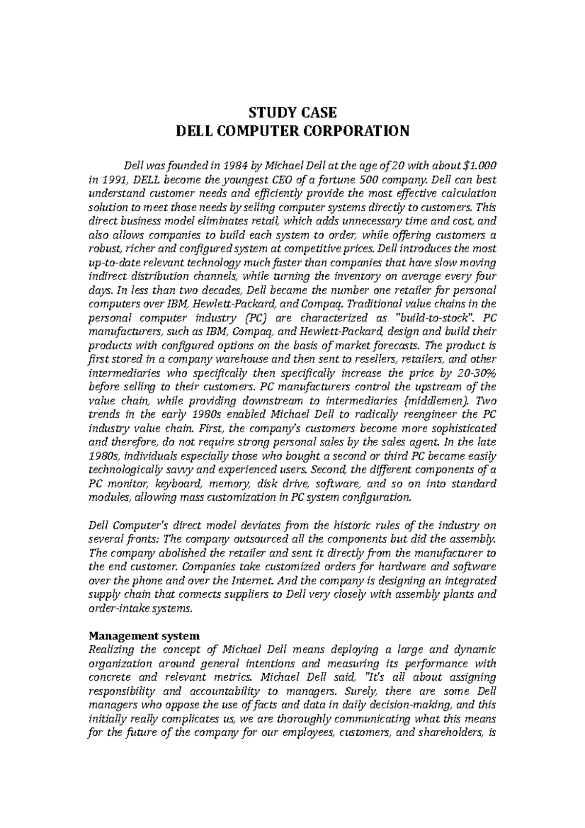 Case Study 7-5: Strategic Operations of Dell Computer Corporation - Studocu