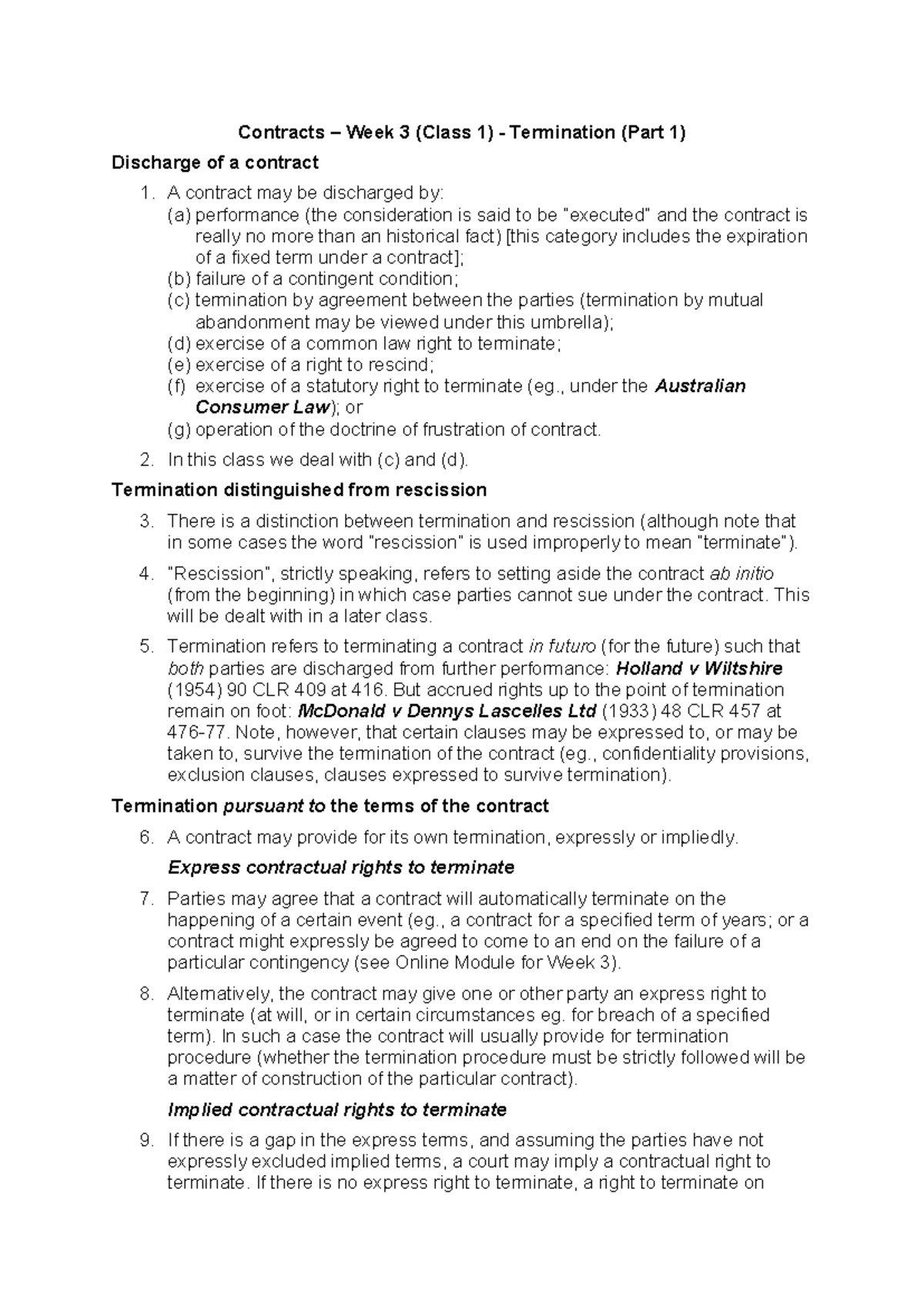 Contracts Outline - Week 3 Class 1: Termination & Discharge - Studocu