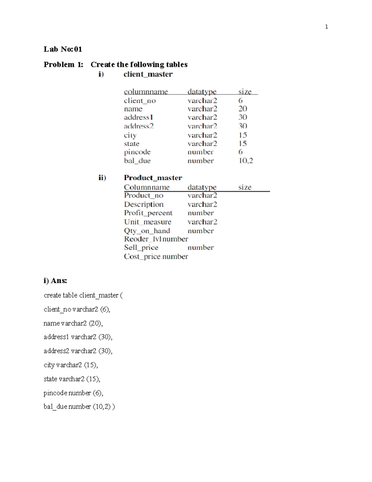 Database report - solve - Lab No: Problem 1: Create the following tables i) Ans: create table ...