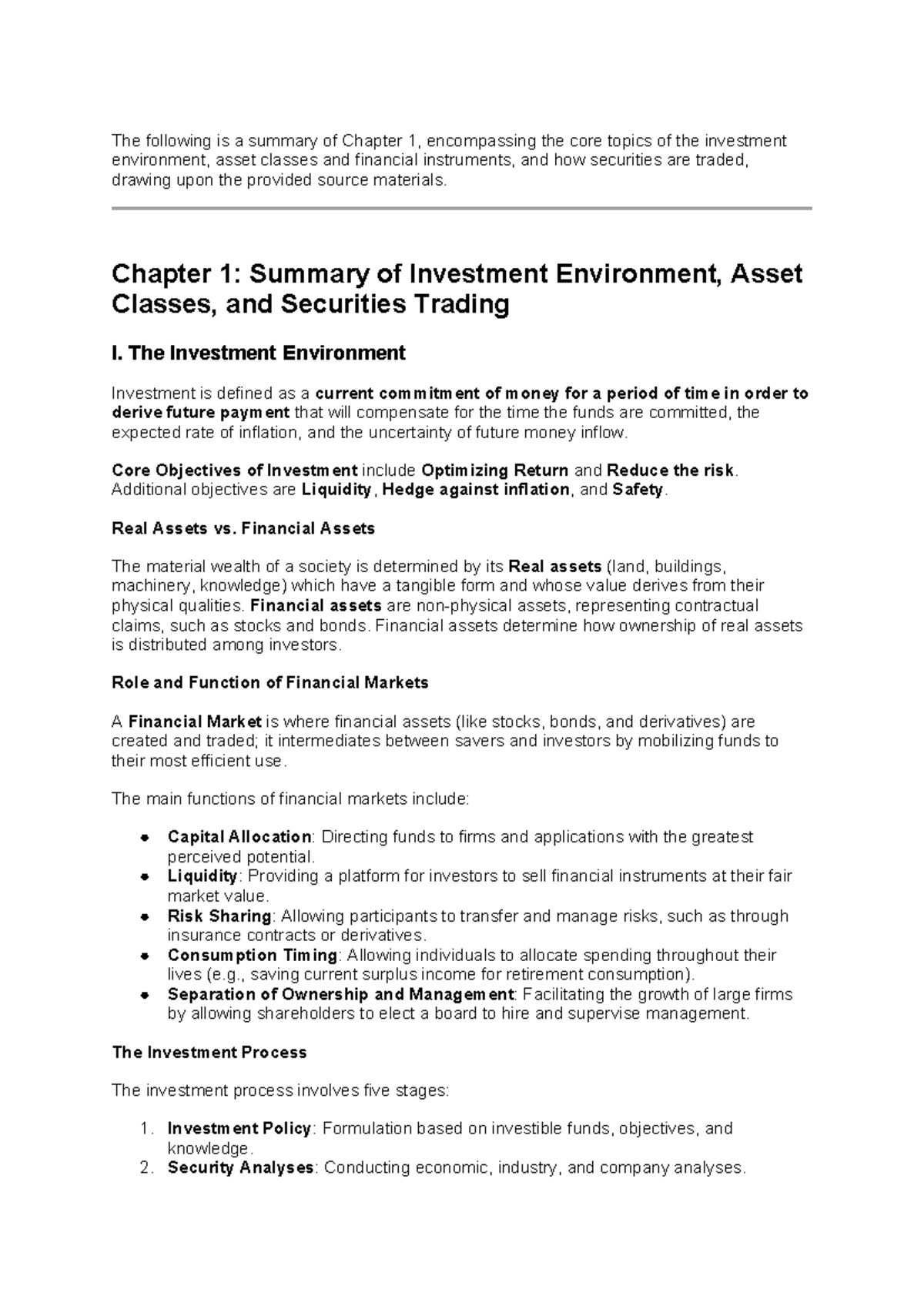 Chapter 1 Summary: Investment Environment & Asset Classes - Studocu