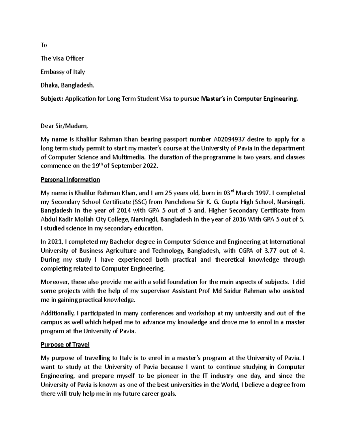 Cover letter Khalil final - To The Visa Officer Embassy of Italy Dhaka ...