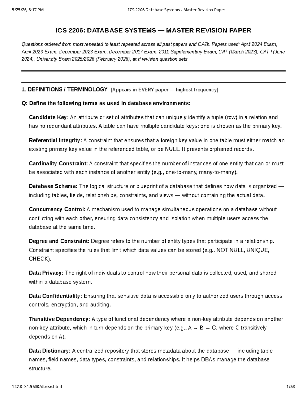 ICS 2206: Database Systems Master Revision Paper - Comprehensive Study ...
