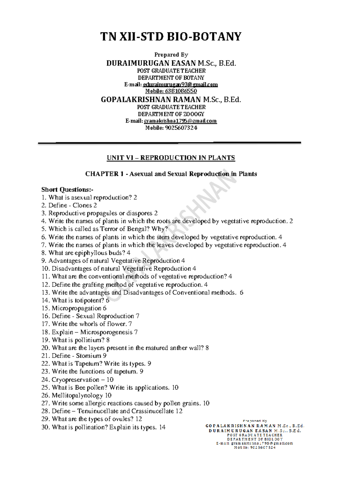 **Title: XII BIO BOTANY Chapterwise Questions and Answers** - Studocu