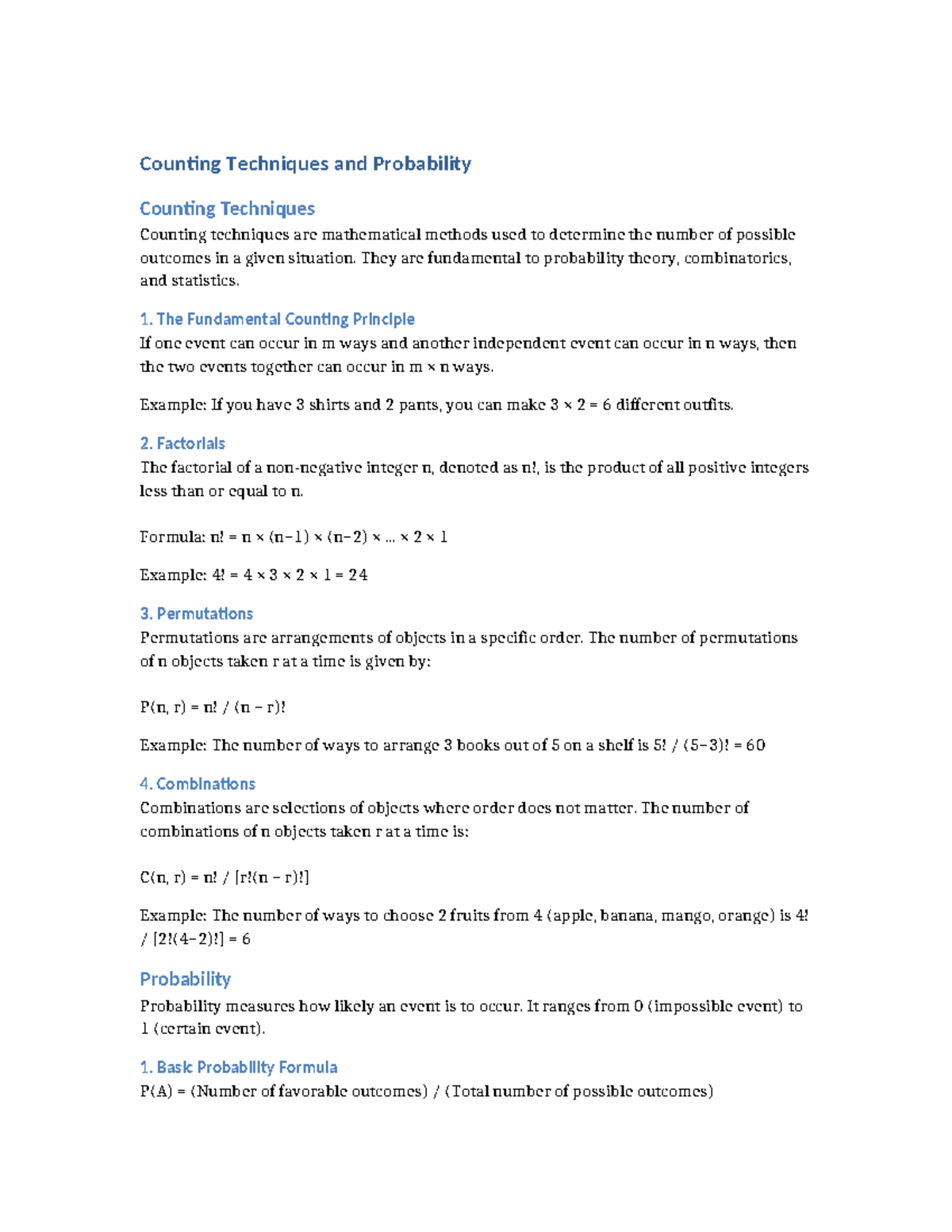 Counting Techniques and Probability (MATH 101) - Key Concepts and Formulas - Studocu