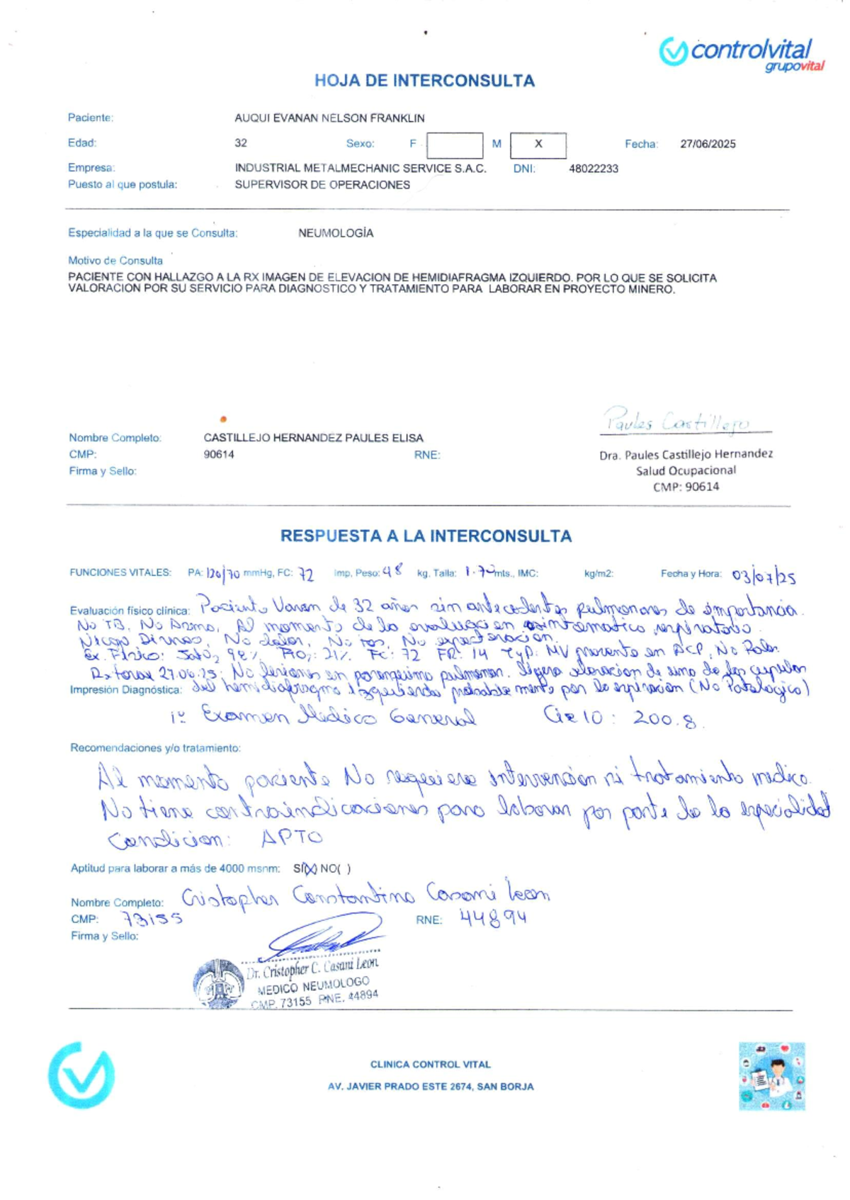 Interconsulta Neumología: Paciente Auqui Evanan Nelson - Control Vital ...