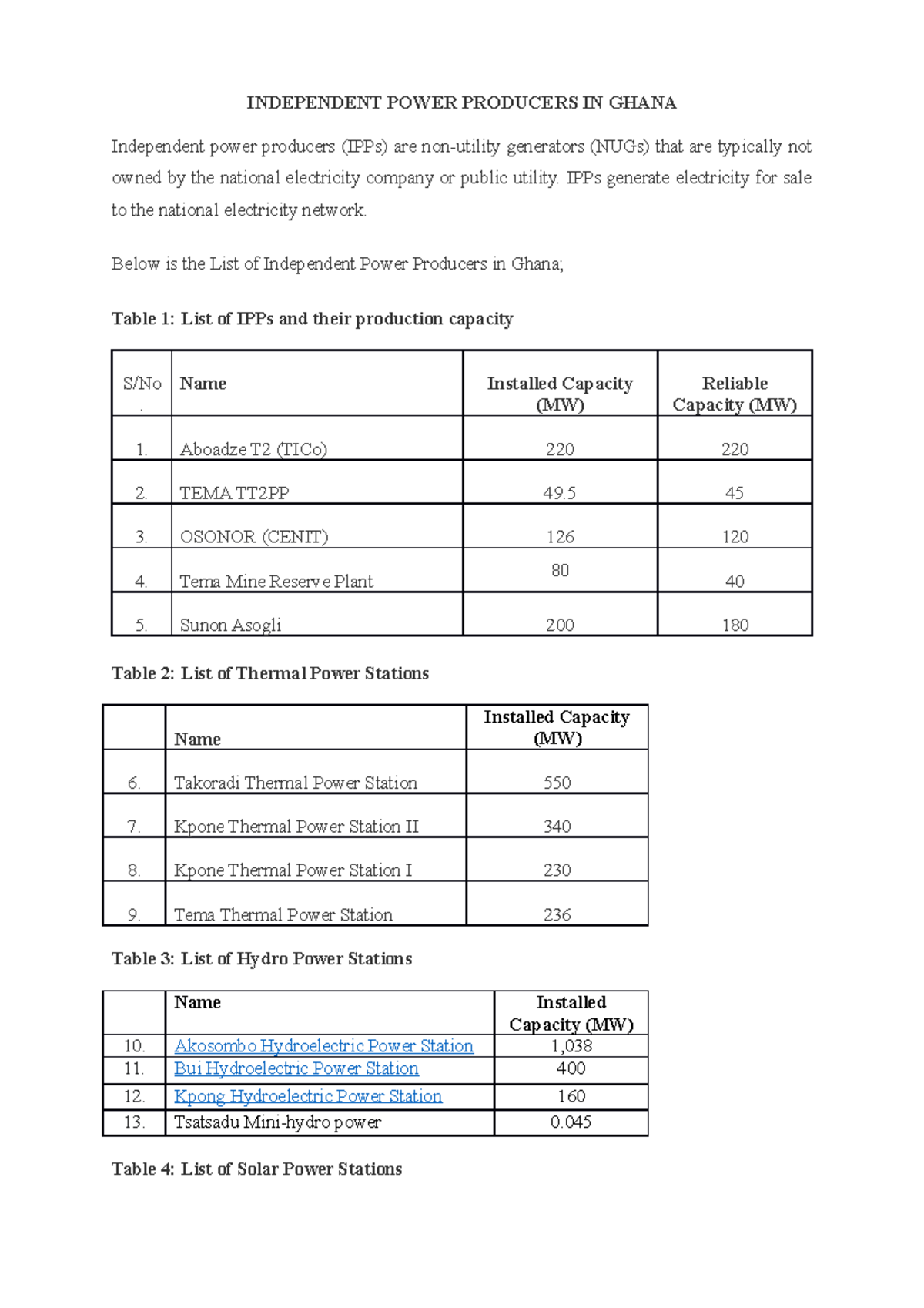 Independent Power Producers in Ghana: Capacity Overview - Studocu