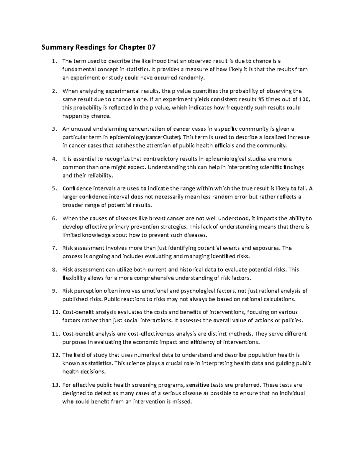 Understanding Statistical Concepts in Public Health: Chapter 07 Summary - Studocu