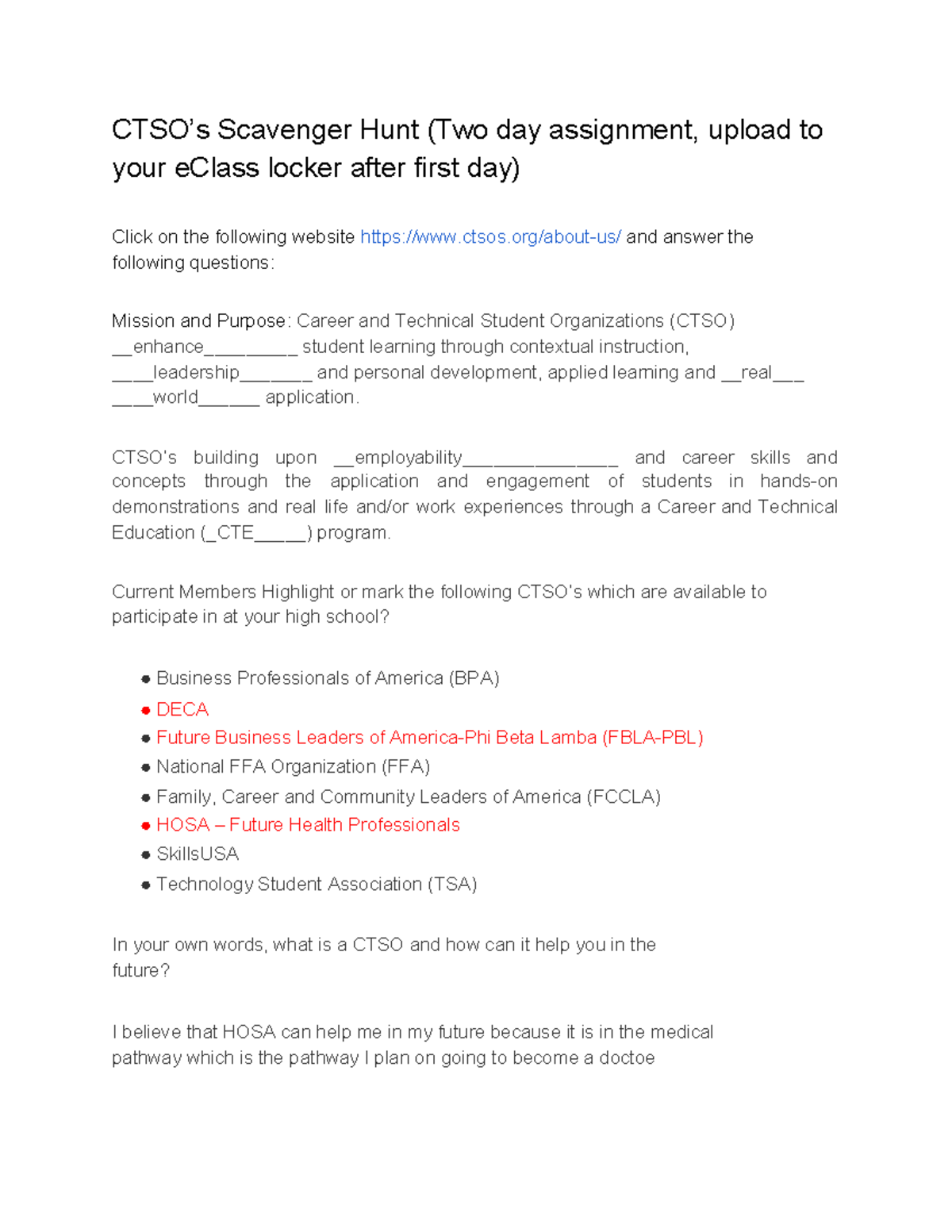 CTSO Scavenger Hunt Assignment: Exploring DECA & FBLA Opportunities ...
