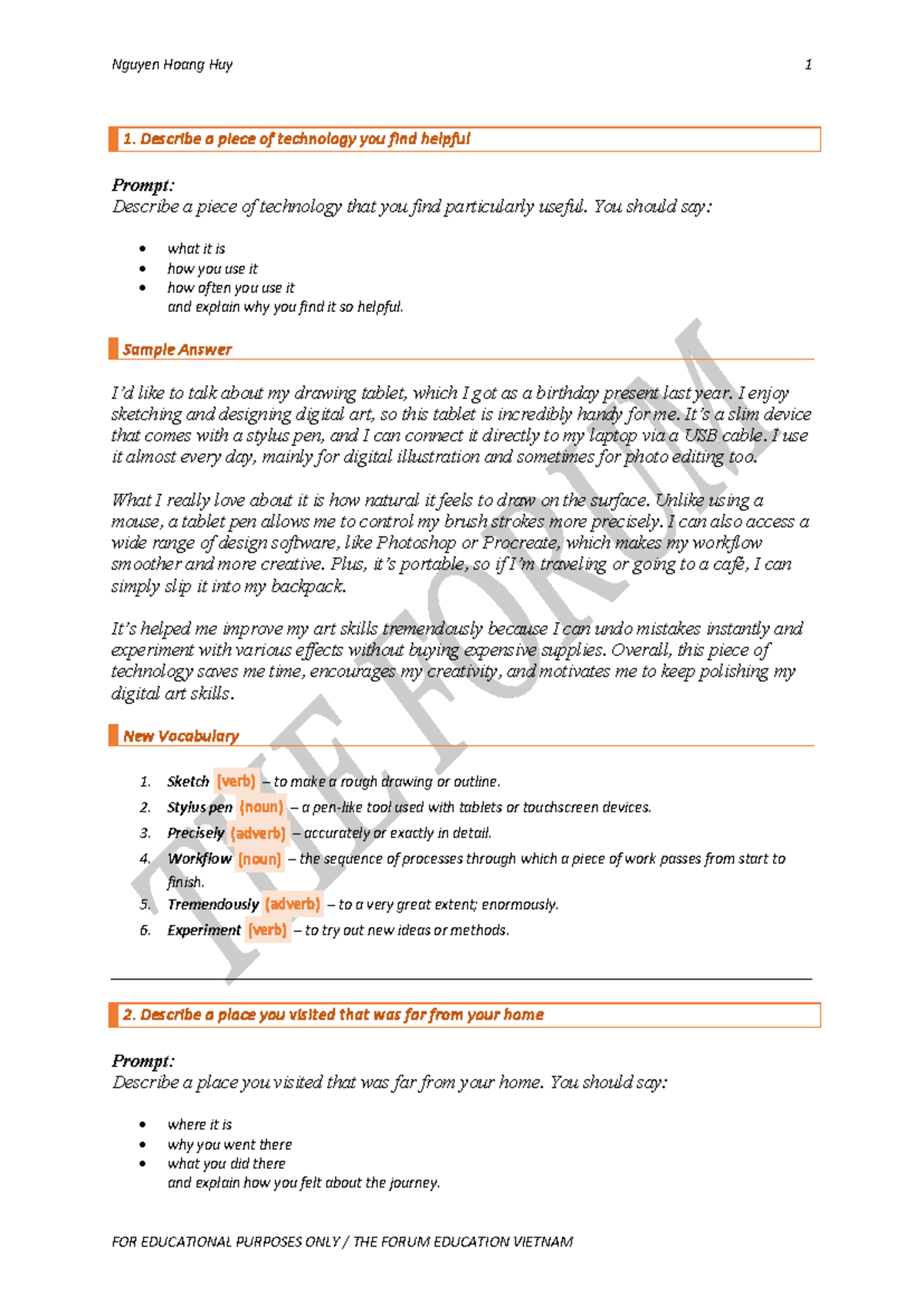 Speaking 7 - Descriptive Prompts and Sample Answers - Studocu