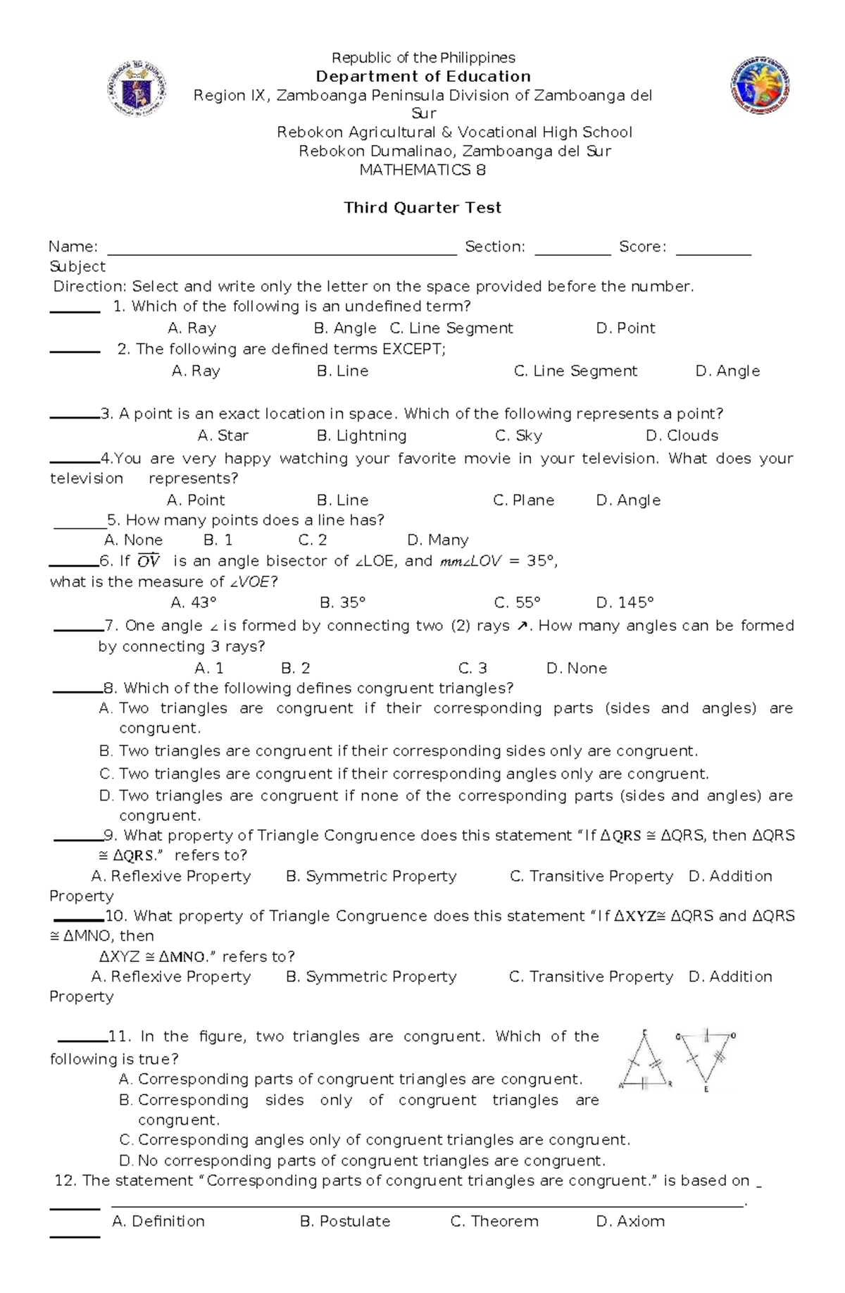MATH 8 Third Quarter Test Review - Geometry Concepts - Studocu