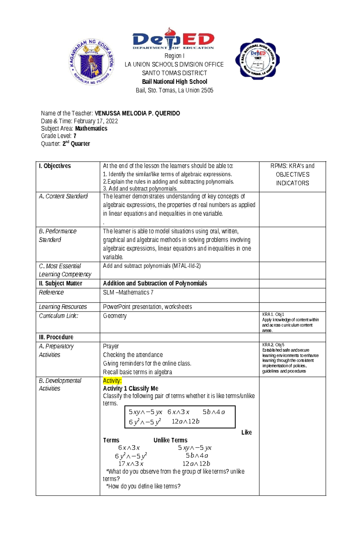 Mathematics 7 Lesson Plan: Adding & Subtracting Polynomials - Studocu