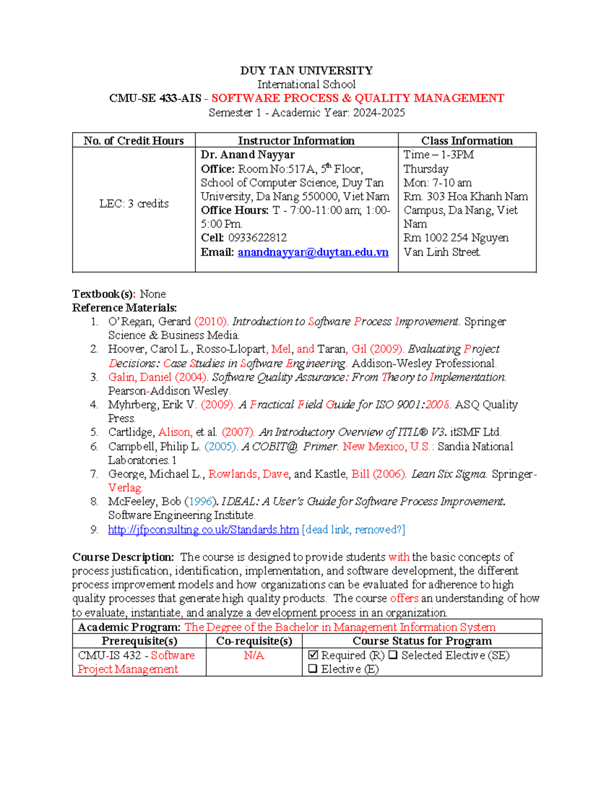 CMU-SE 433 - Syllabus for Software Process & Quality Management - Studocu