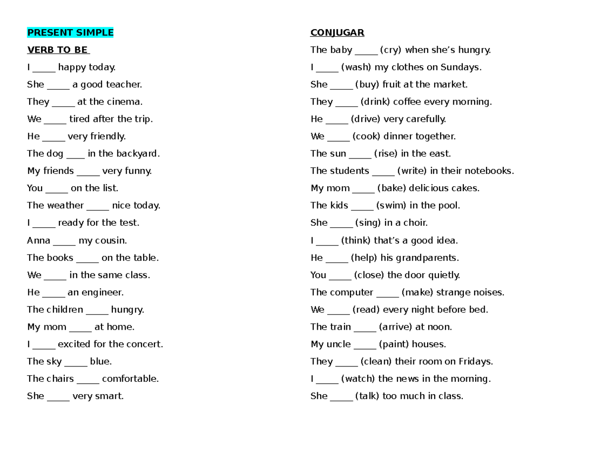 PRESENT SIMPLE: CONJUGATING THE VERB "TO BE" - Inglés - Studocu