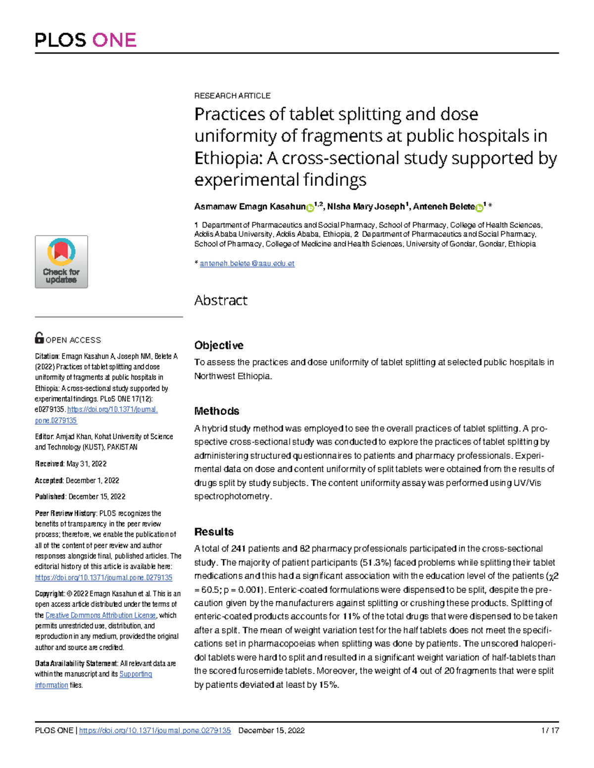Practices of Tablet Splitting and Dose Uniformity in Ethiopian ...