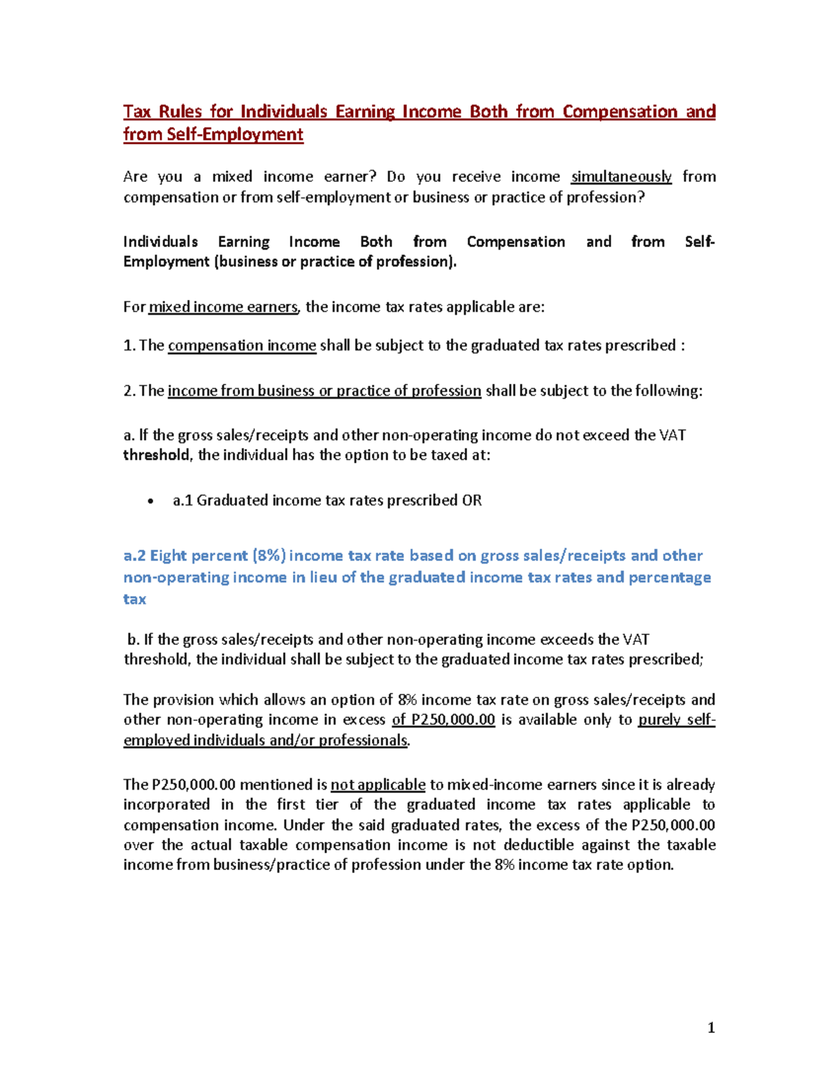 Mixed Income Earner Tax Guide: Computation & Rates for TAX 1 - Studocu