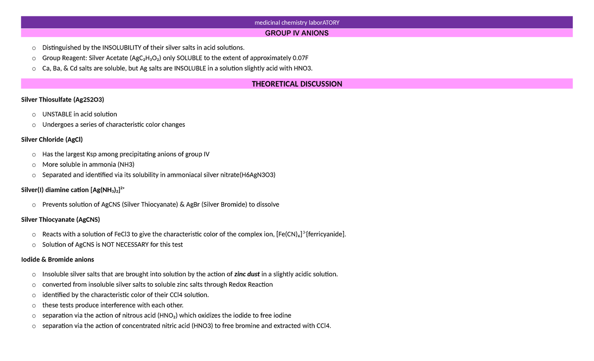 Group IV-V Anions - GROUP IV ANIONS o Distinguished by the INSOLUBILITY ...