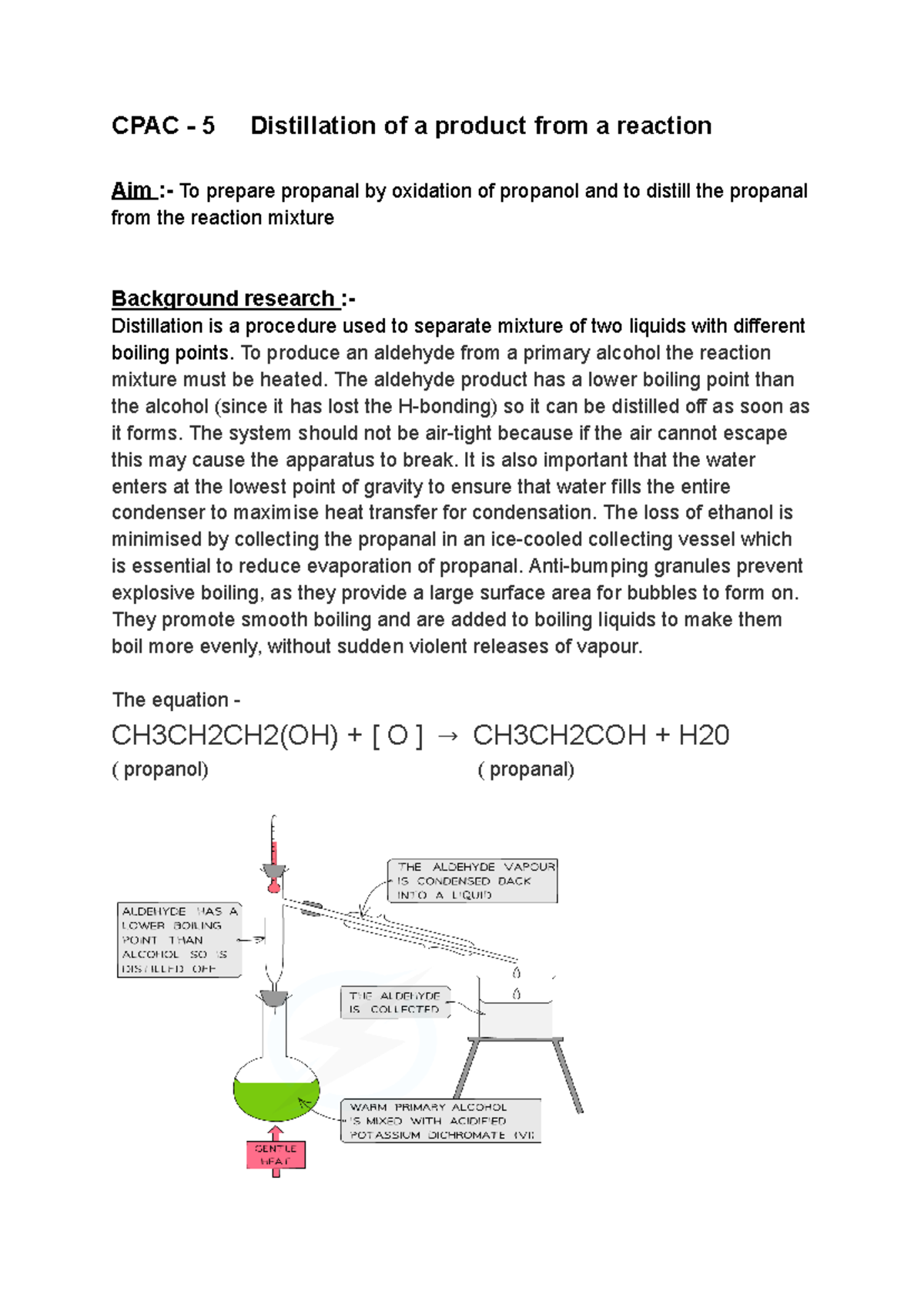 AQA A Level Chemistry CPAC - 5: Distillation of Propanal from Propanol ...