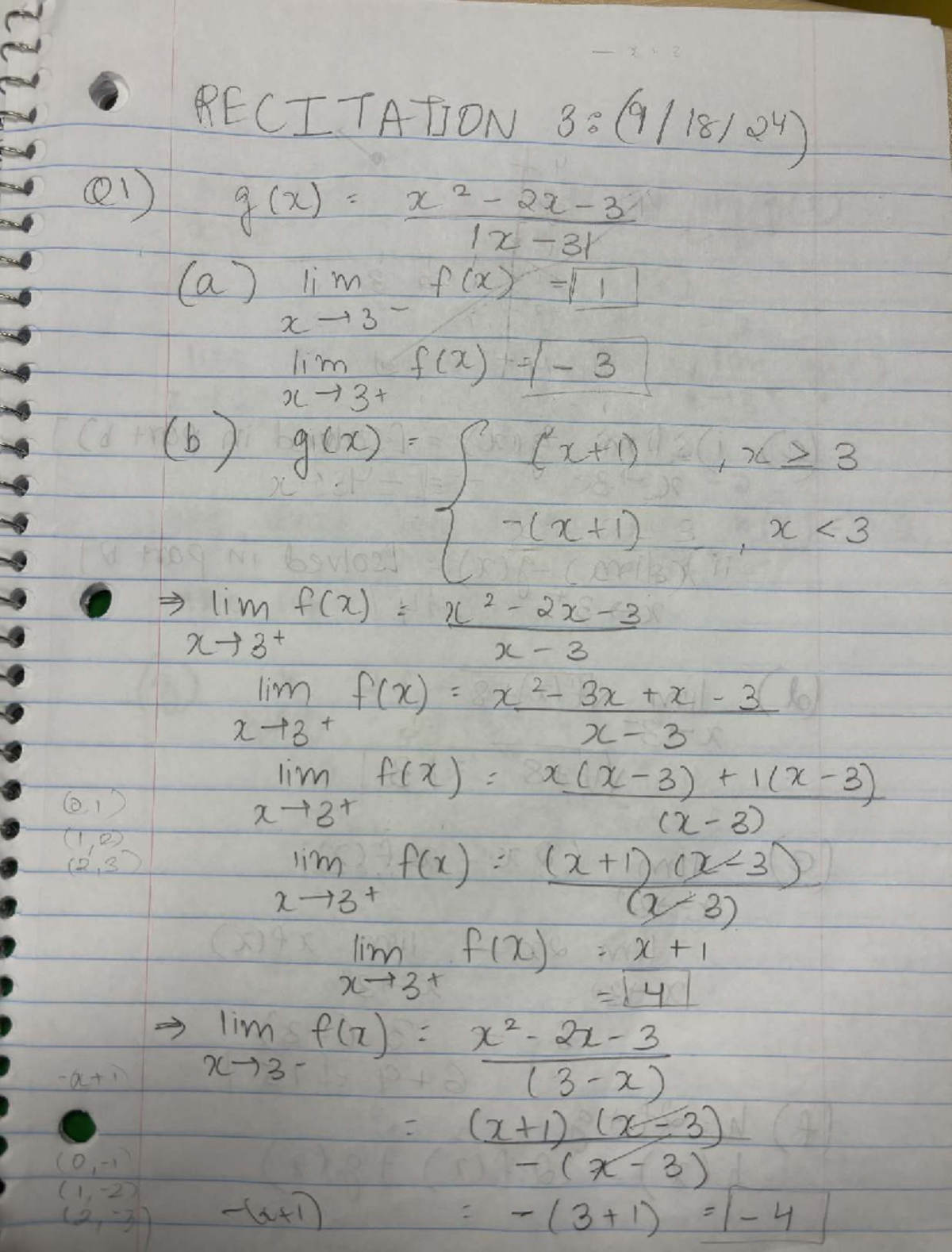 Recitation 3 math - RECITATION 3:(1/18/24) Q1) g(x) to 122-22-32 12-31 ...