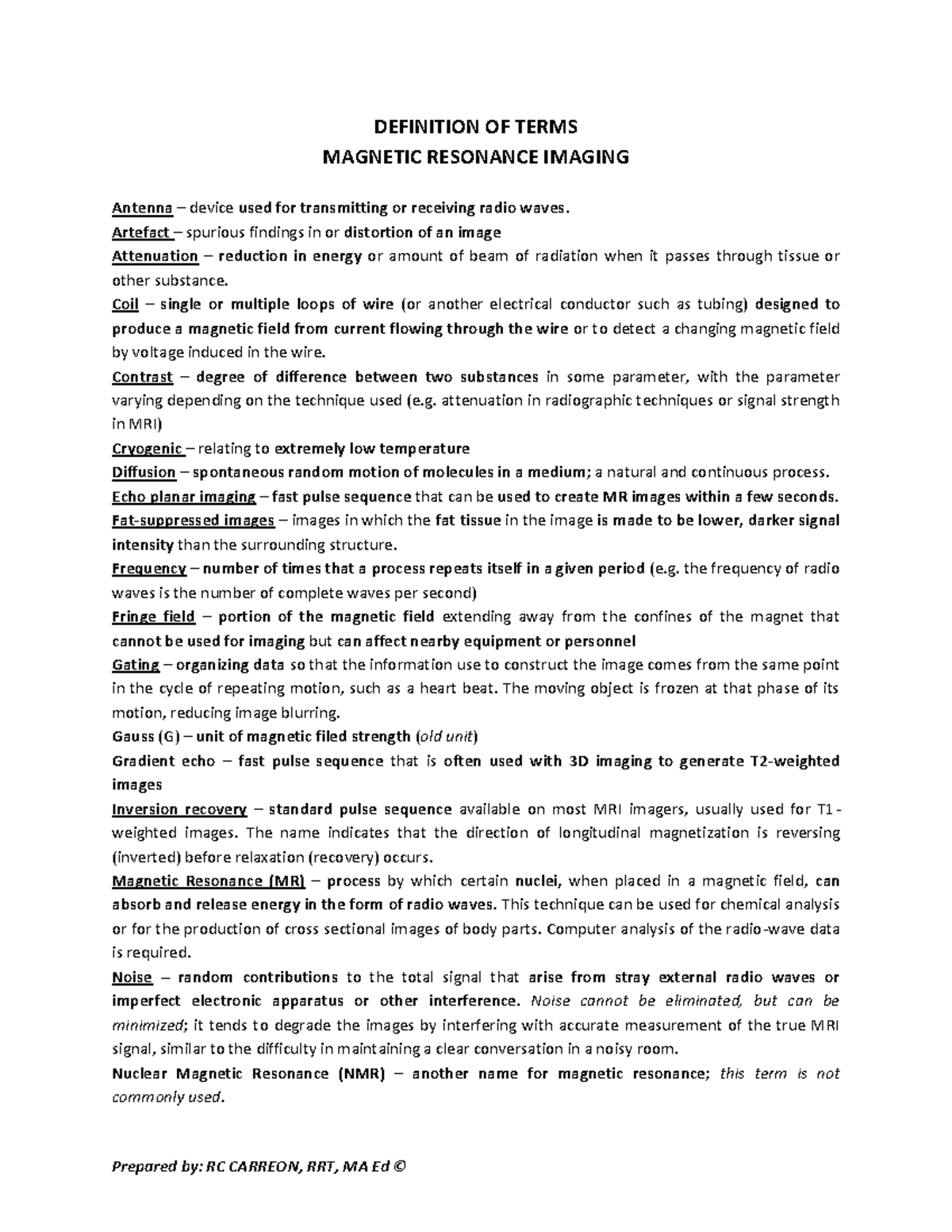 MRI Terminology: Definitions and Key Concepts Overview - Studocu