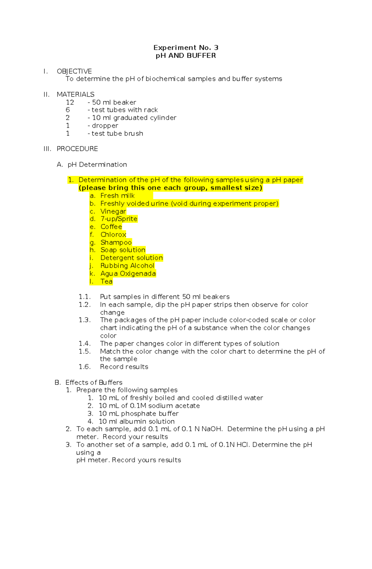 Experiment No. 3: pH and Buffer Analysis - BIOCHEM - Studocu