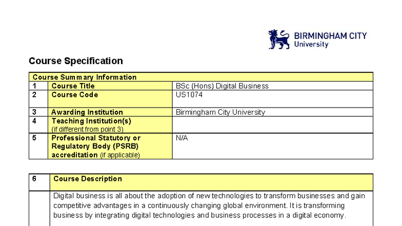 Course Specification: BSc (Hons) Digital Business US1074 Overview - Studocu