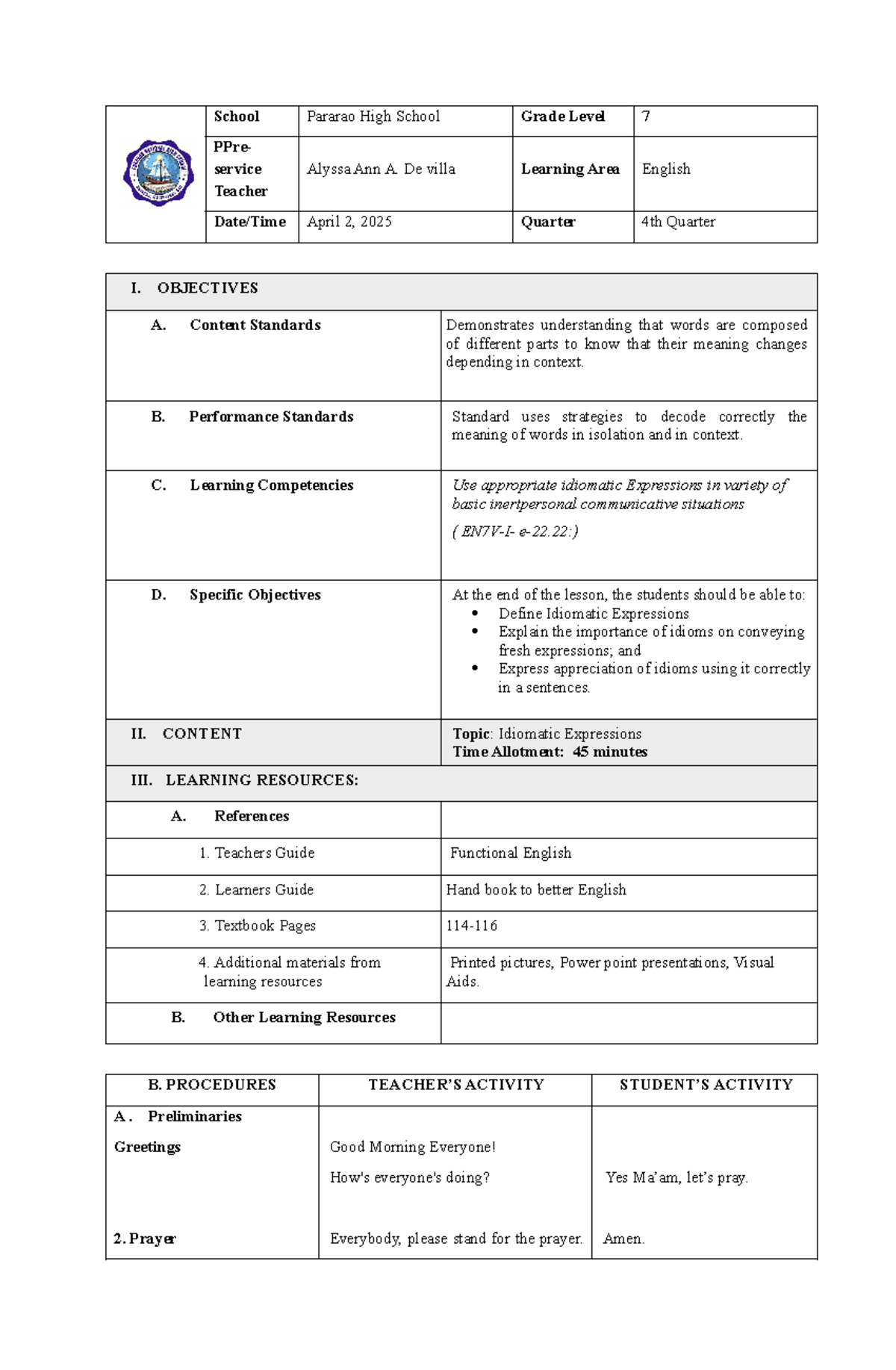 Week 3 Lesson Plan: Understanding Idiomatic Expressions for Grade 7 ...