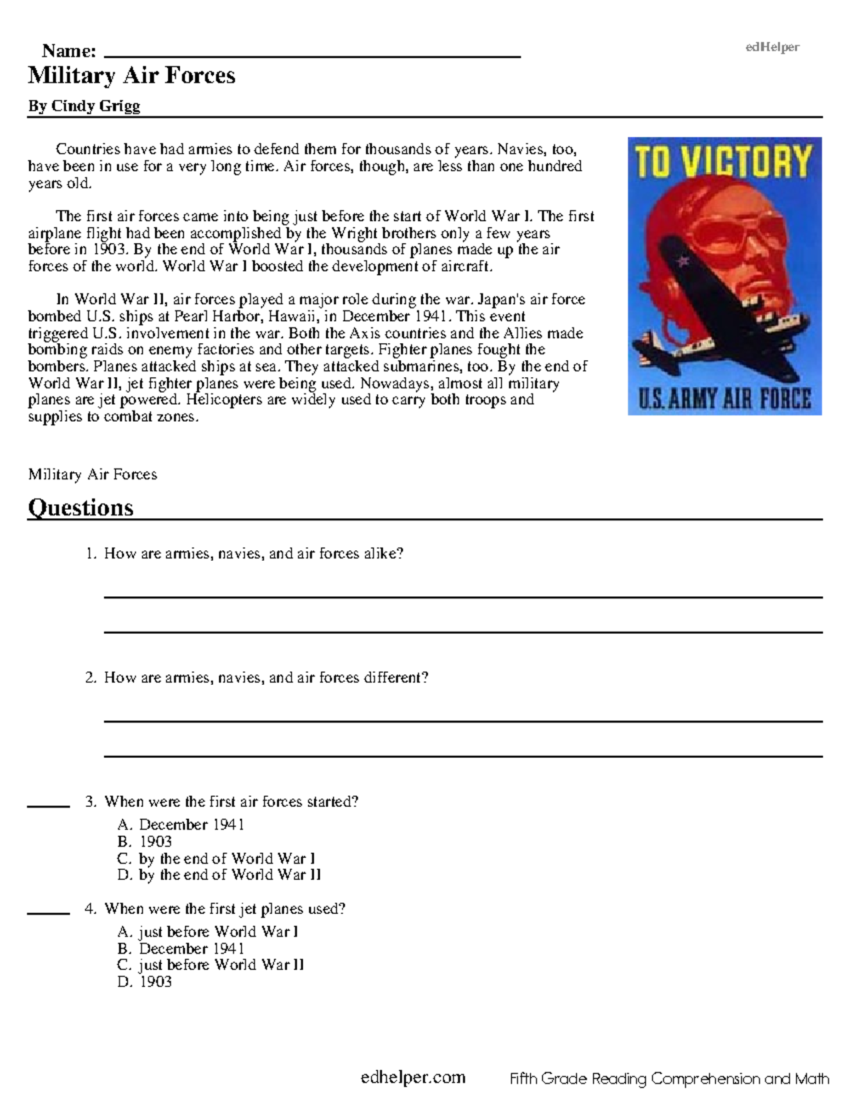 5th grade reading comprehension worksheets - Name: edHelper Military ...