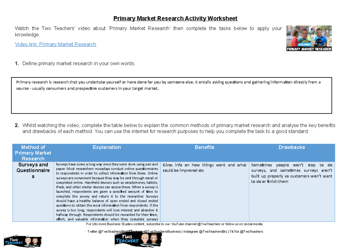 Primary Market Research Activity Worksheet - Video link: Primary Market ...