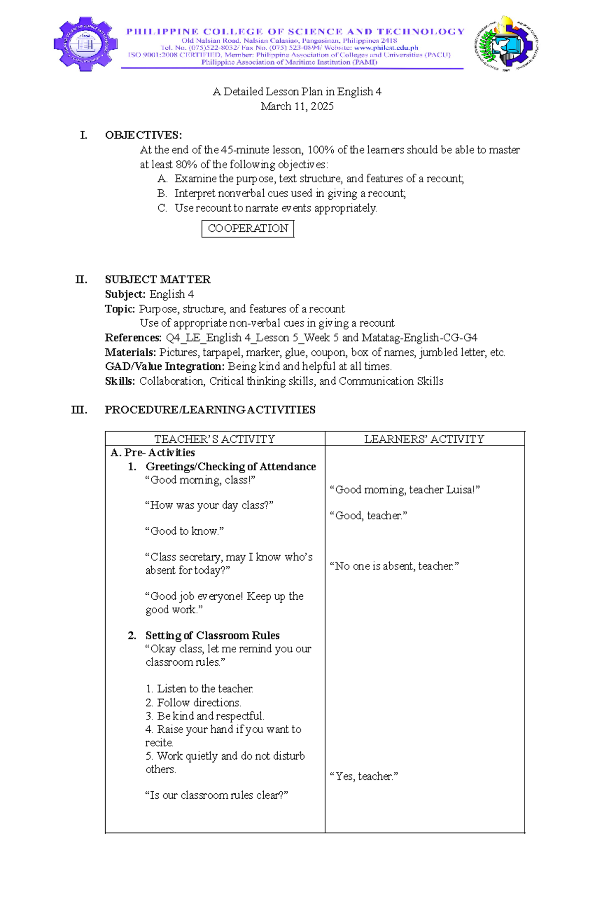 English 4 Lesson Plan: Recounting Events & Nonverbal Cues - Studocu