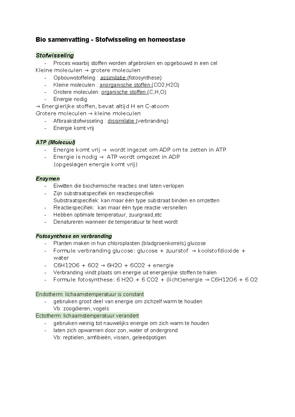 Samenvatting van Stofwisseling en Homeostase in de Biologie (BIO 101 ...