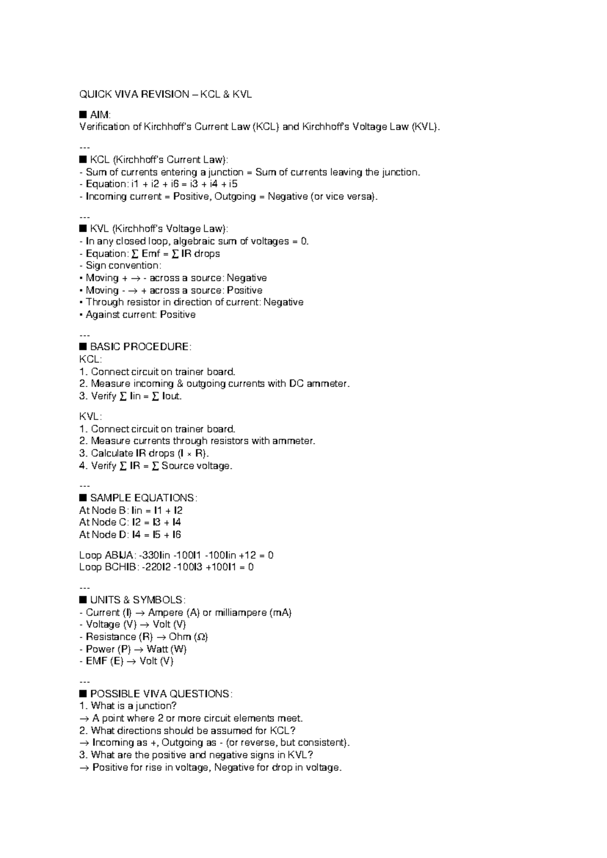 KCL KVL Quick Viva Revision Guide: Current & Voltage Laws - Studocu
