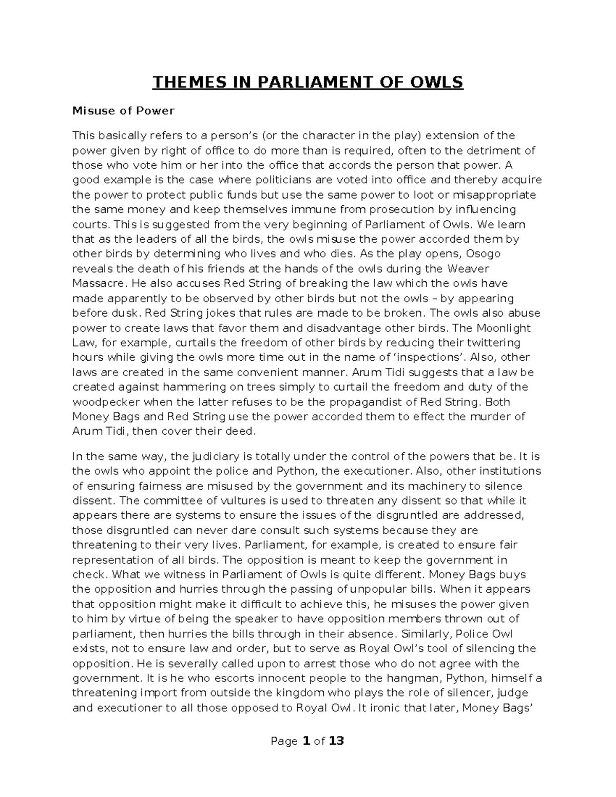 Themes in Parliament of Owls: Misuse of Power and Betrayal - Studocu