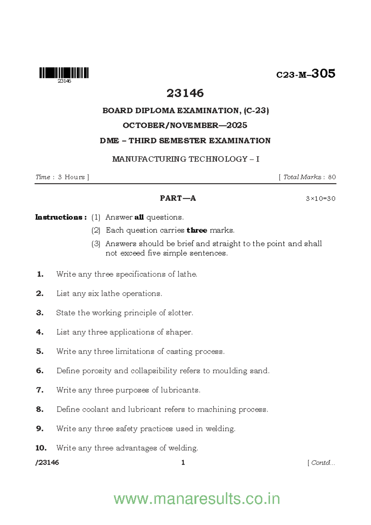 23146 MT-I Previous Year Question Paper - Manufacturing Technology I ...