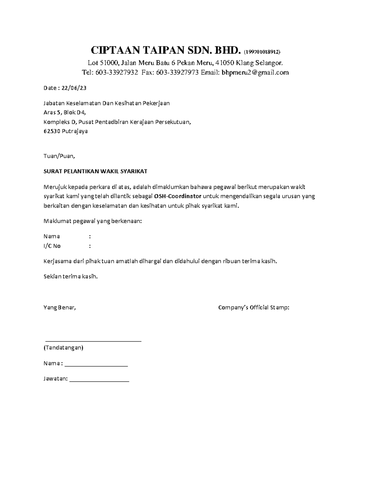 OSH-C Appointment Letter - OSH Coordinator Notification 22/06/23 - Studocu
