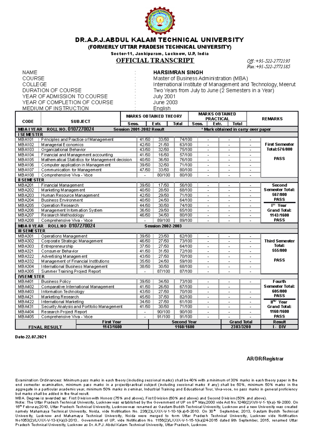 Transcript MBA - DR.A.P.J KALAM TECHNICAL UNIVERSITY (FORMERLY UTTAR ...