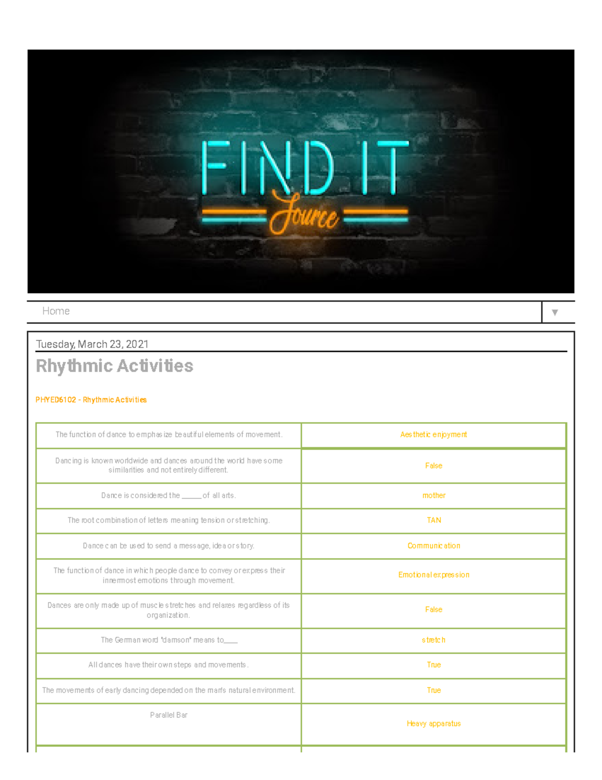 PHYED6102 - Final Exam Notes on Rhythmic Activities and Dance - Studocu