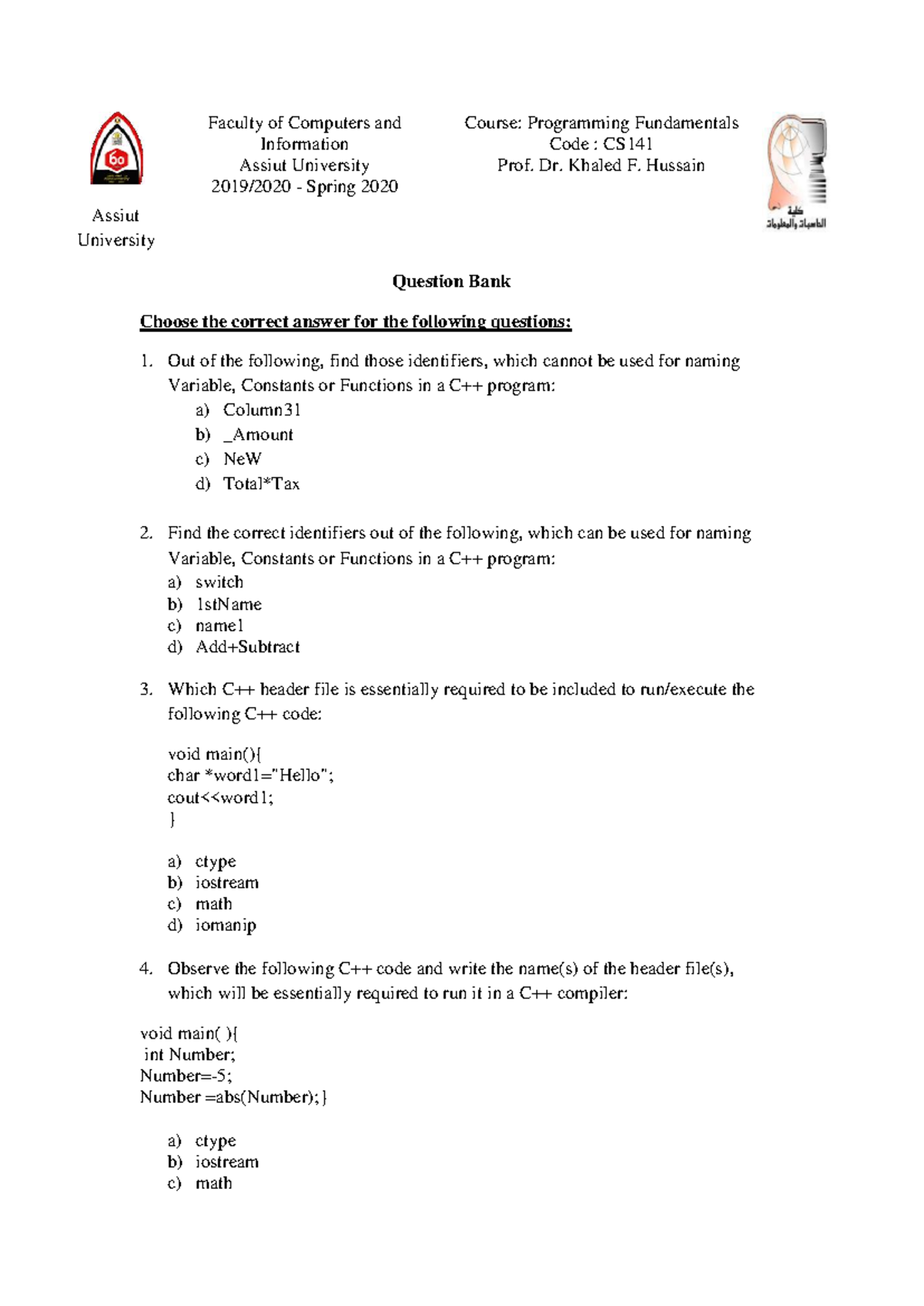 CS141 Programming Fundamentals Spring 2020 Question Bank - Studocu