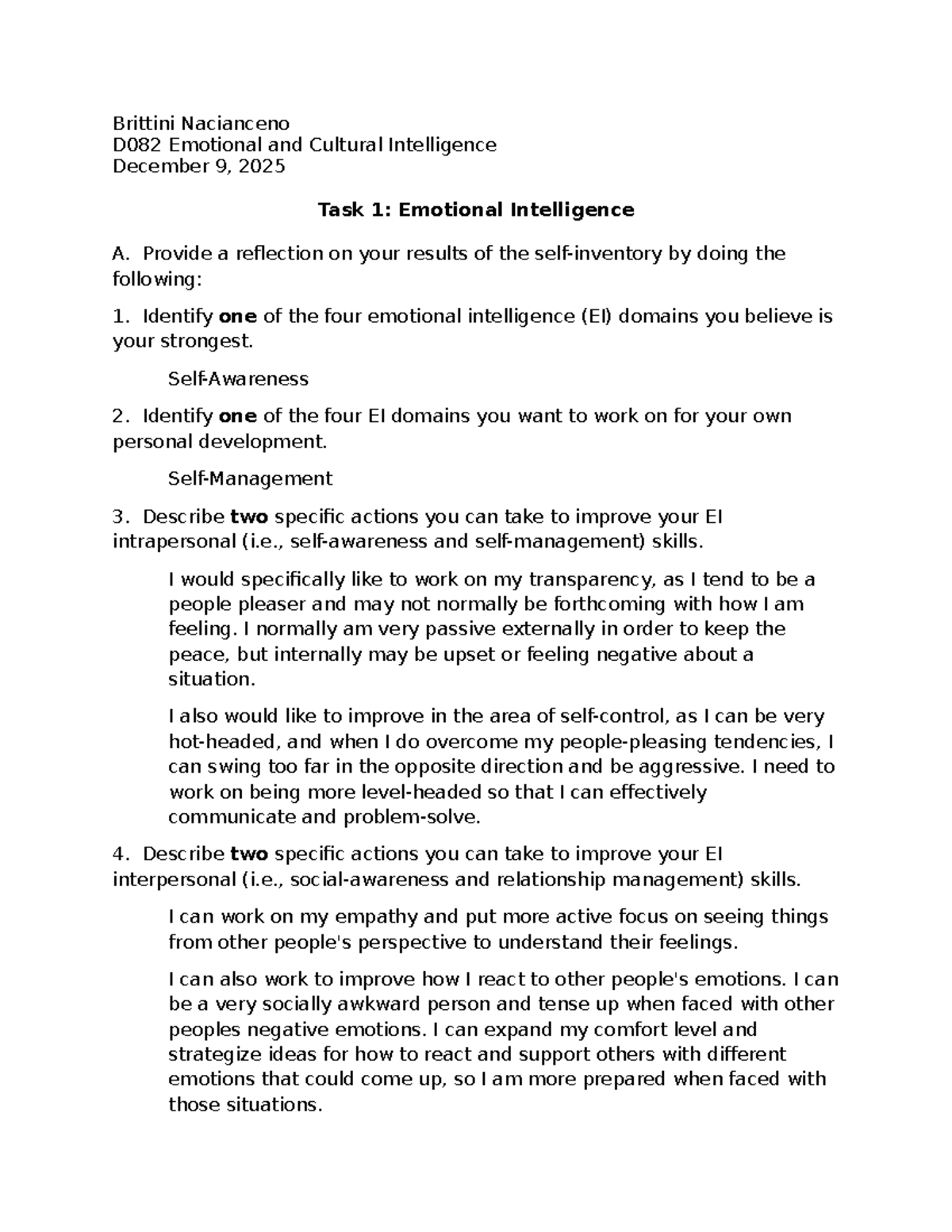 Task One D082: Reflection on Emotional Intelligence Development - Studocu