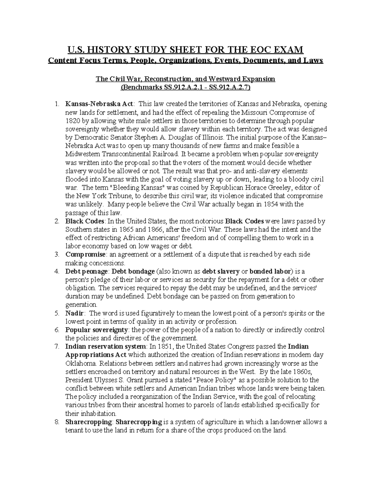 U.S. History Study Guide for EOC Exam: Key Terms & Concepts - Studocu