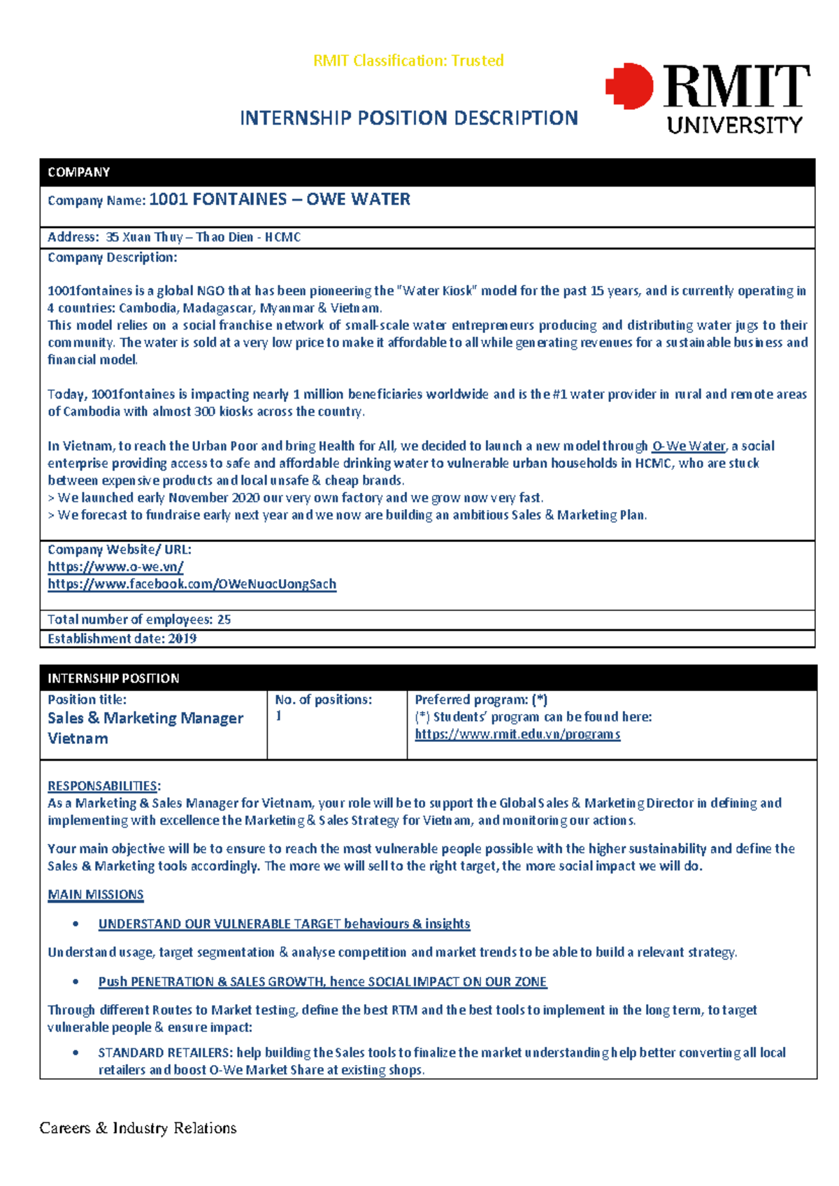 PD form Internship RMIT x 1001fontaines_Practice material - Careers ...