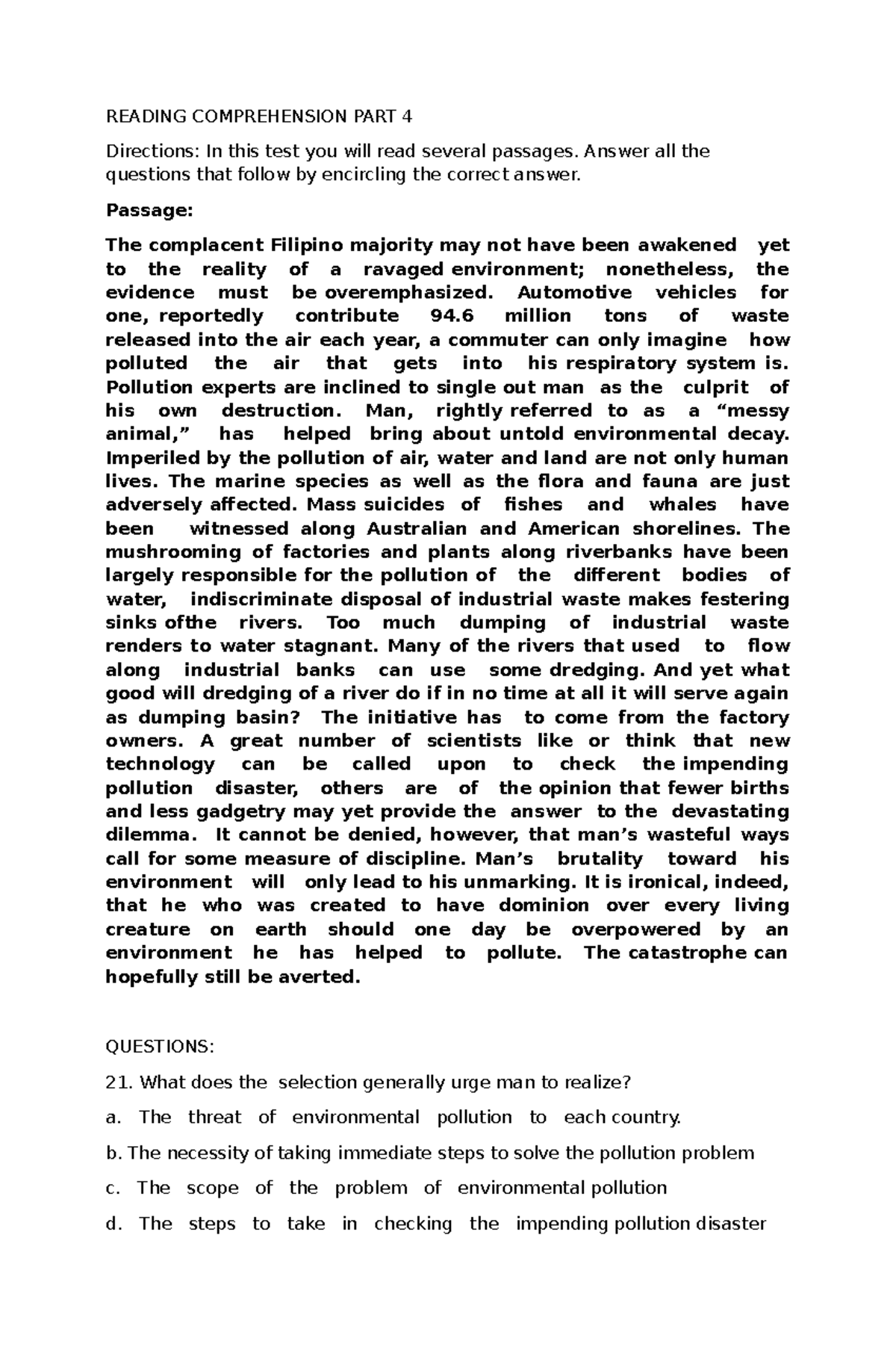 Reading Proficiency Test ENG SHS: Environmental Awareness Exam - Studocu