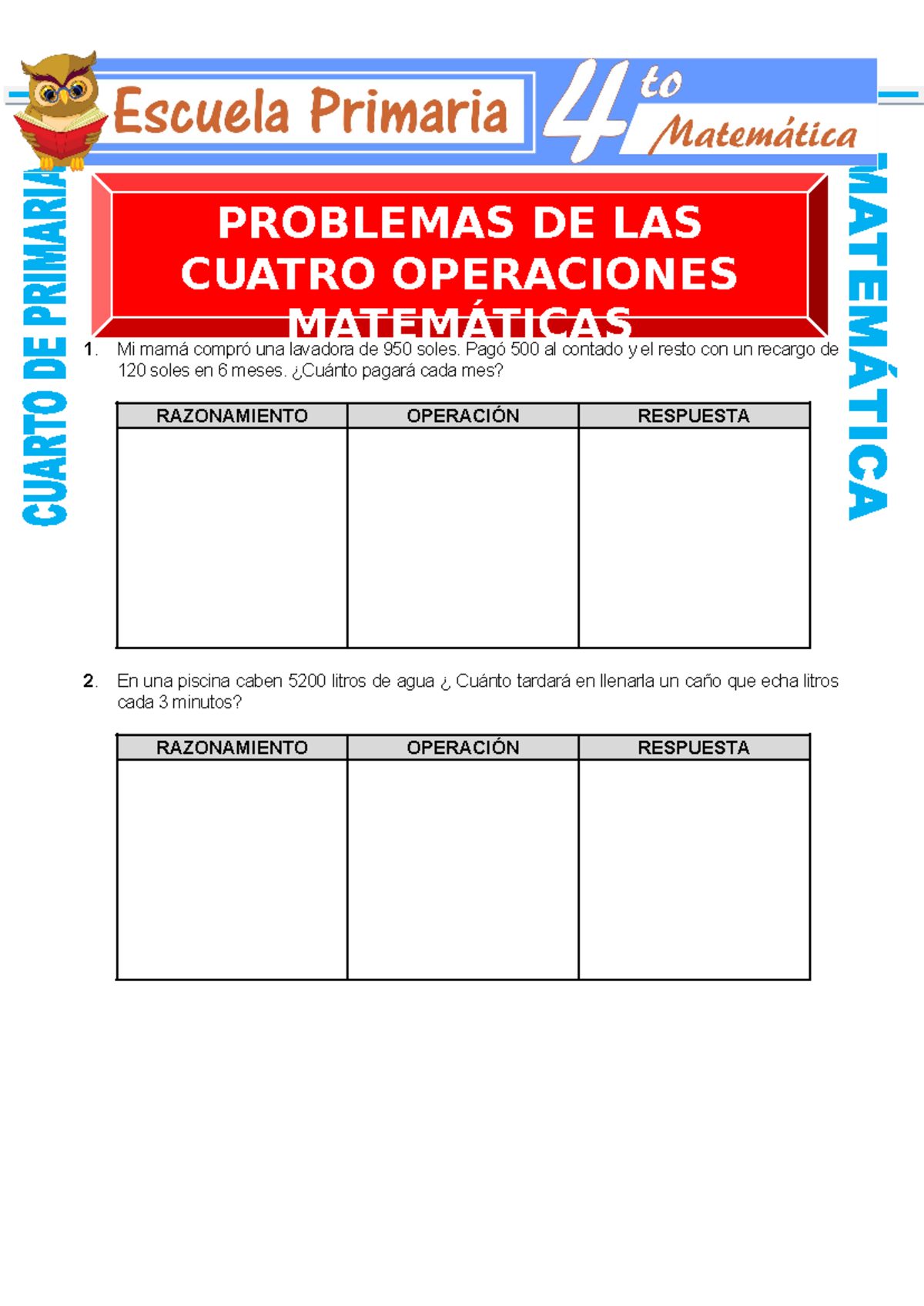 Problemas de Cuatro Operaciones para Cuarto de Primaria - de Primaria 1 ...