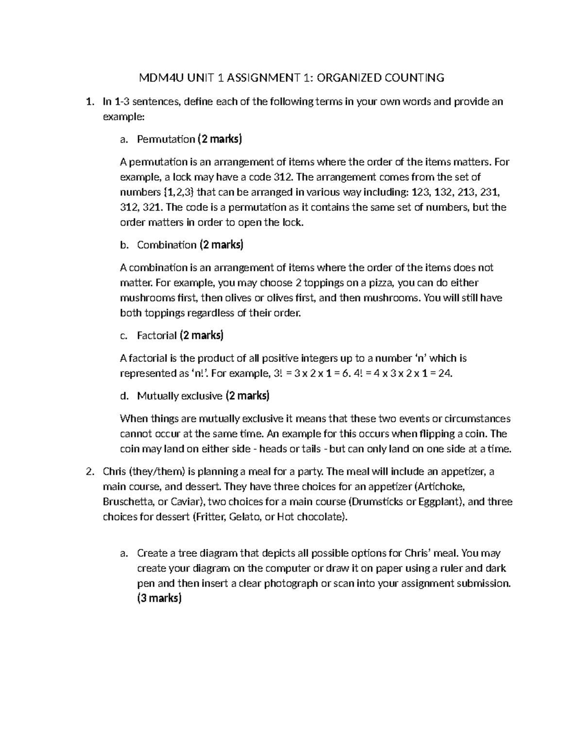 MDM4U UNIT 1 ASSIGNMENT 1: COUNTING PRINCIPLES AND COMBINATORICS - Studocu